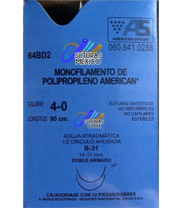 Polipropileno 4-0 Aguja Ahusada Doble Armado de 15-17 mm Hebra 90 cms ...