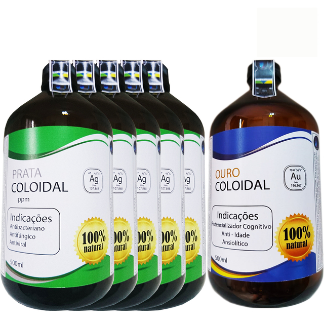 Prata Coloidal 20ppm 500ml 5 Unidades + Brinde Ouro Coloidal 500ml 1 ...