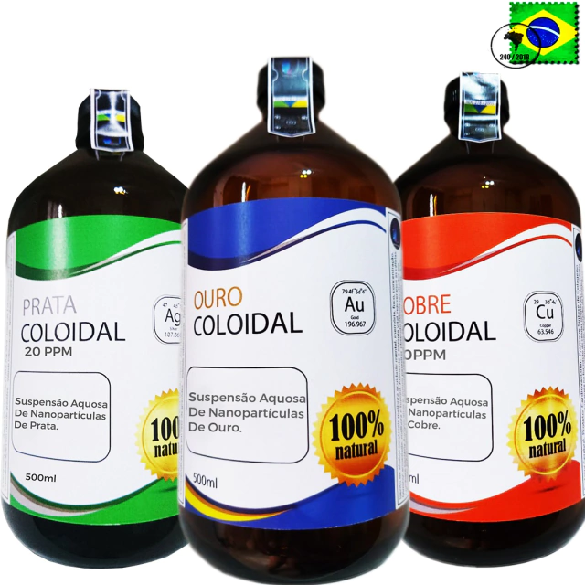 Kit Ouro Coloidal 500ml + Prata Coloidal 20ppm 500ml + Cobre Coloidal ...