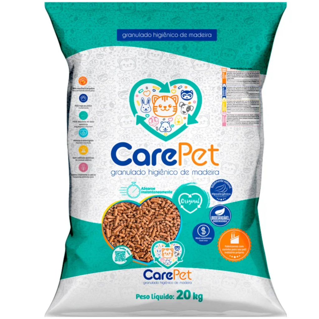 Areia Granulada De Madeira Carepet Para Gatos Premium - 20kg