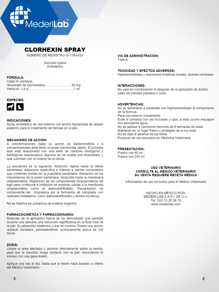 Clorhexin Spray 60 ml - Comprar en URBAN VET MEX