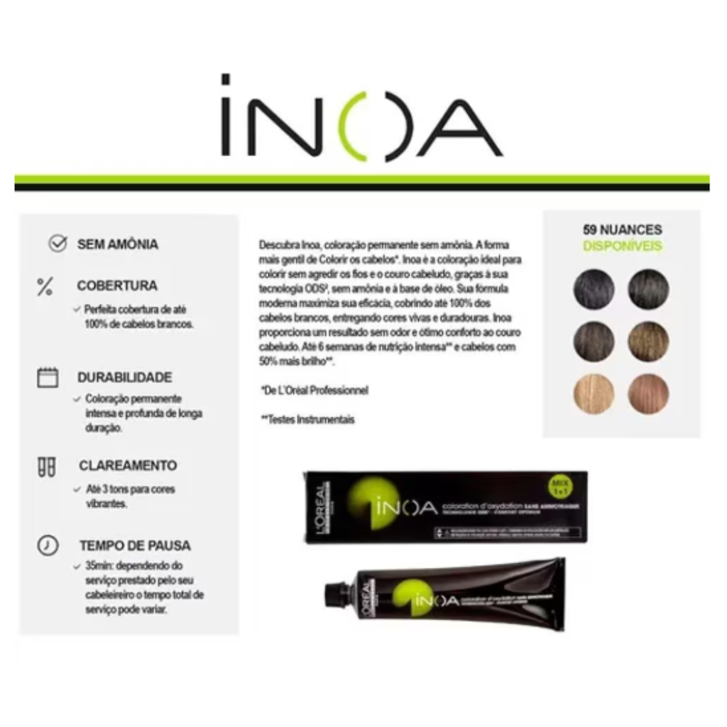 KIT LOREAL 1 OXIDANTE INOA 1L 20V + 6 TUBOS INOA 6.0 - SEM AMÔNIA