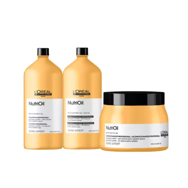 KIT LOREAL NUTRIOIL SHAMPOO 1.5L+COND 1.5L+MASCARA 500GR