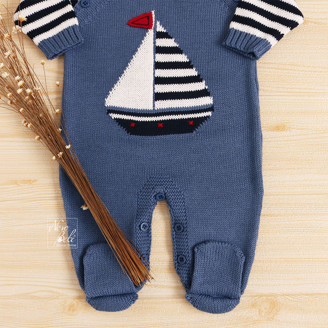 Macacão Bebê Tricot Barco Mike - Azul