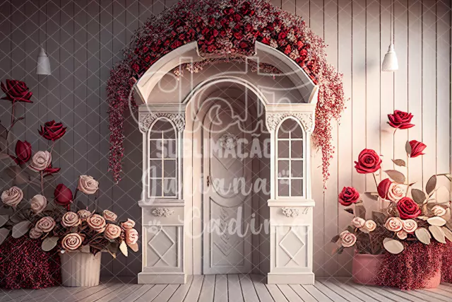 Fundo Fotográfico - Juliana Cadima - Porta Branca Flores Vermelhas - JC630