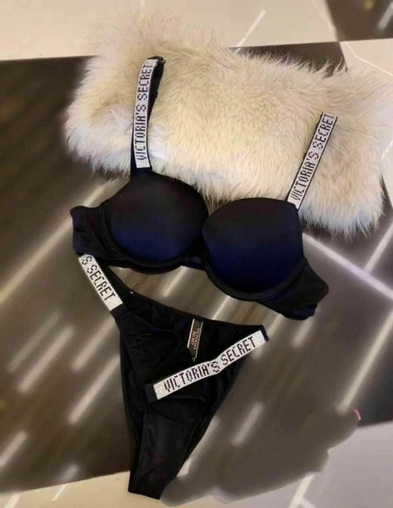 CONJUNTO VICTORIAS SECRET NEGRO SATEN - PINK BOX