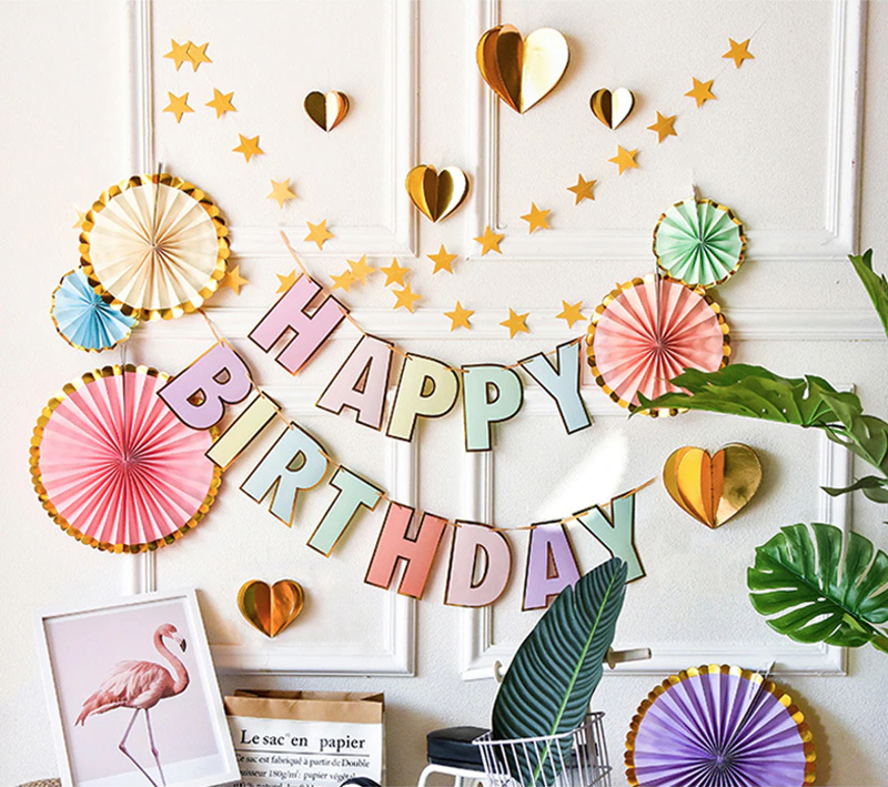 Banner Feliz Cumpleaños - Colores Pastel con Borde Dorado