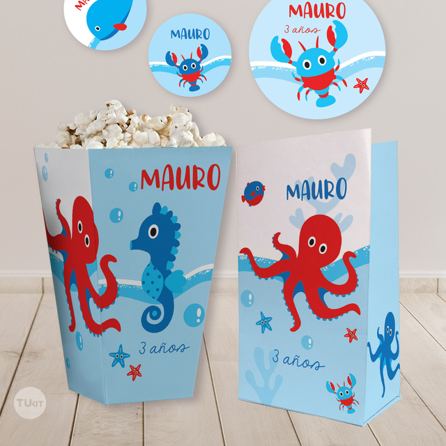 Kit imprimible animales del mar colores azul rojo celeste tukit