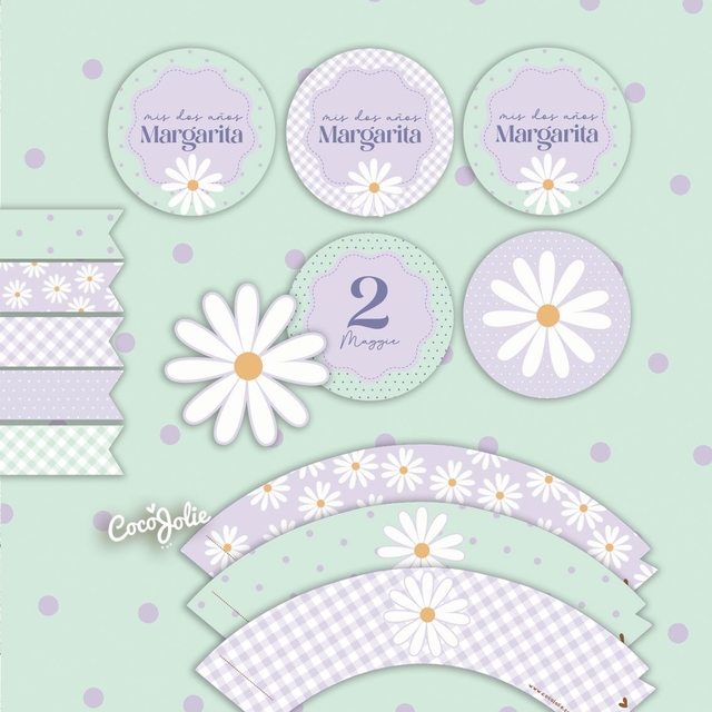 Kit imprimible Margaritas Violetas. Imprimible Personalizable