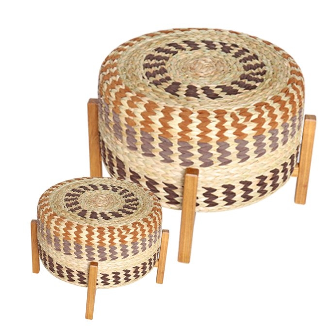 Puff de Palha e Couro com pé de Madeira P