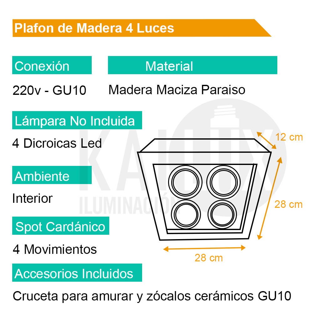 Plafon de Madera Cuadrado 4 Luces