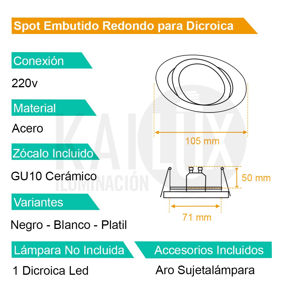 Spot Embutido Redondo Móvil Platil Para Dicroica Led Gu10