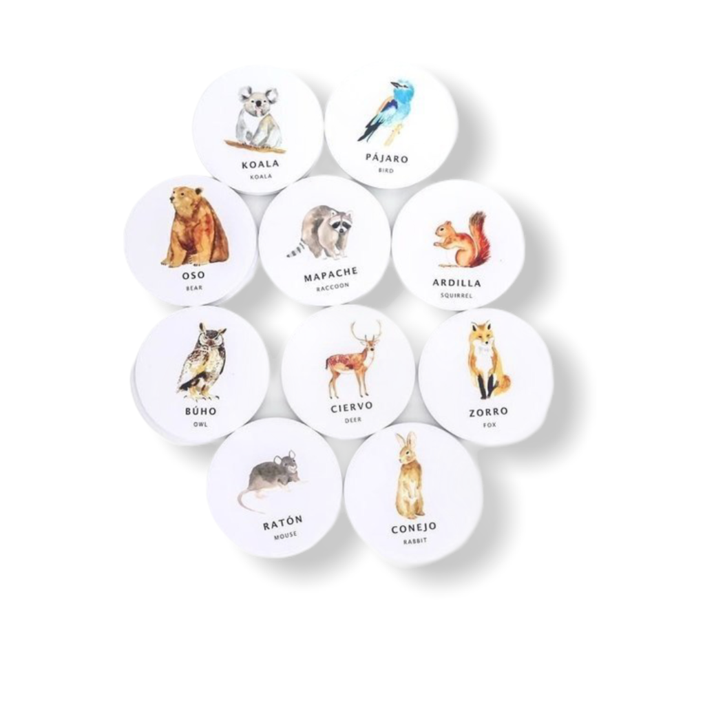 MEMOTEST BILINGÜE "ANIMALES DEL BOSQUE" (10 ANIMALES - 20 FICHAS)