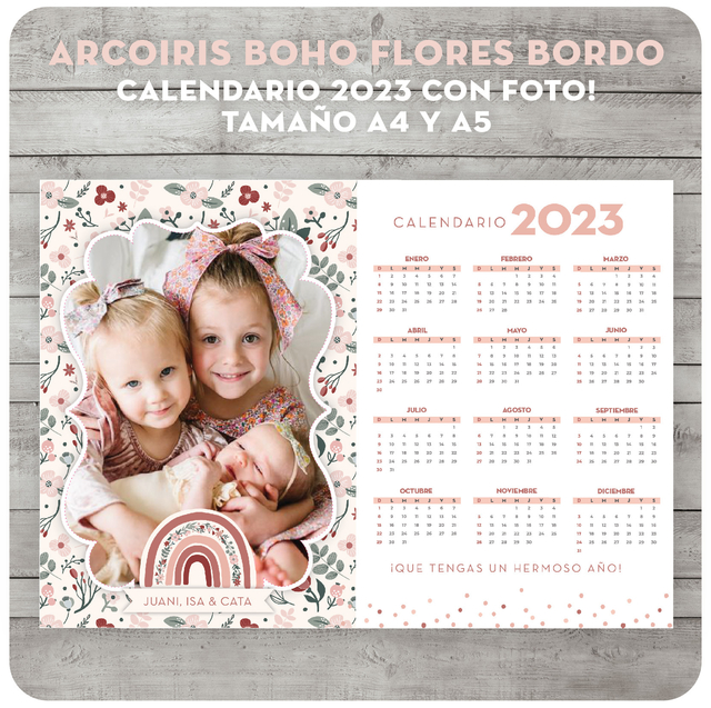 CALENDARIO 2023 - ARCOIRIS BOHO FLORES BORDO Y ROSA