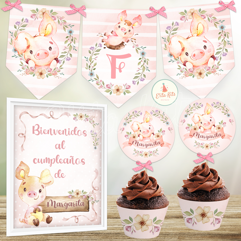 Kit imprimible Chanchita Cerdita Flores, personalizado
