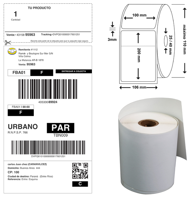 Rollo Etiquetas Autoadhesivas Ilustración 100x200 Mm 250 unid C/corte