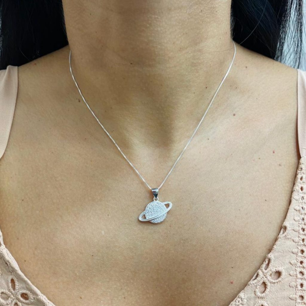 Cadena y Dije Saturno Plata 925 con zircones