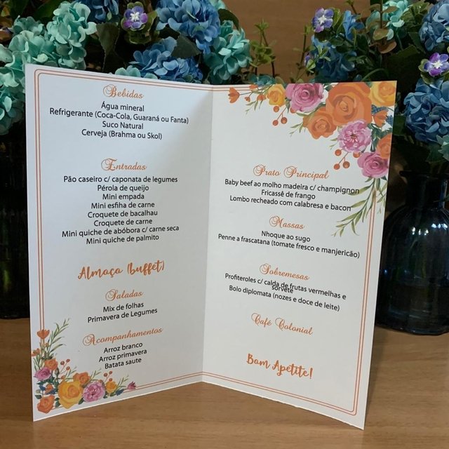Menu Personalizado com Flores pink e laranja
