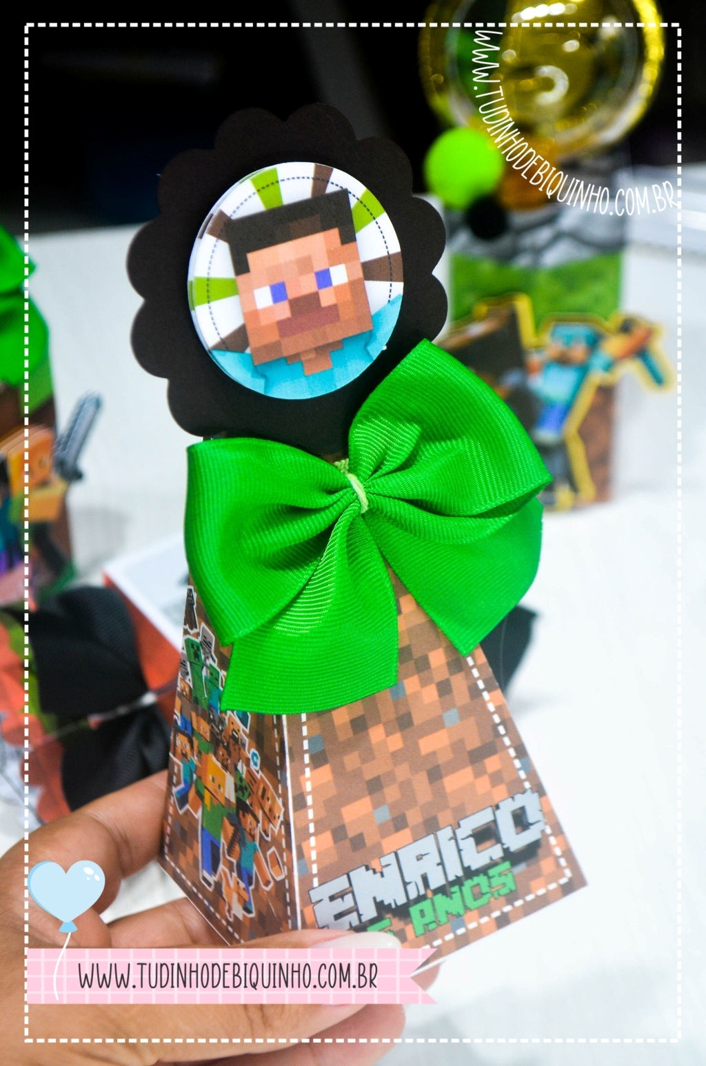 Caixa Cone c/ laço - Minecraft - Tudinho de Biquinho