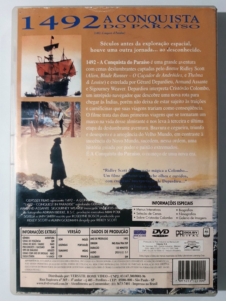 DVD 1492 A Conquista Do Paraíso Ridley Scott Gérard Depardieu Sigourney ...