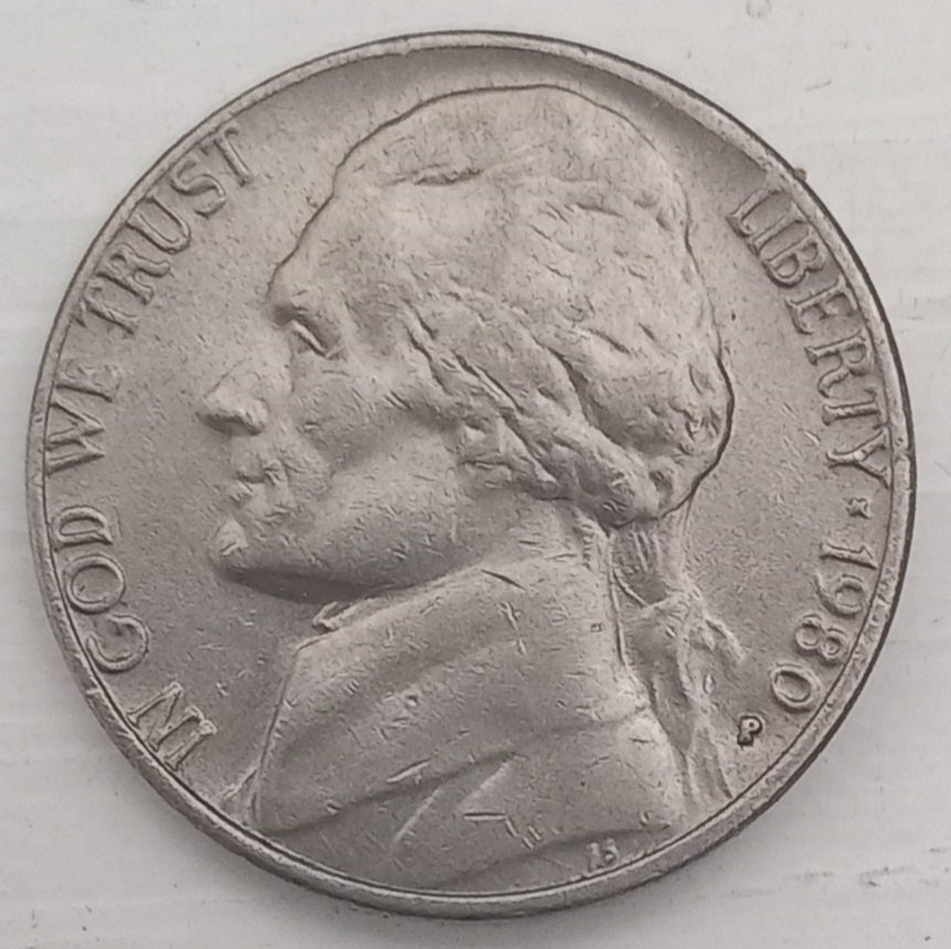 USA 5 cents, 1980 Letra P - Moedas e Cédulas