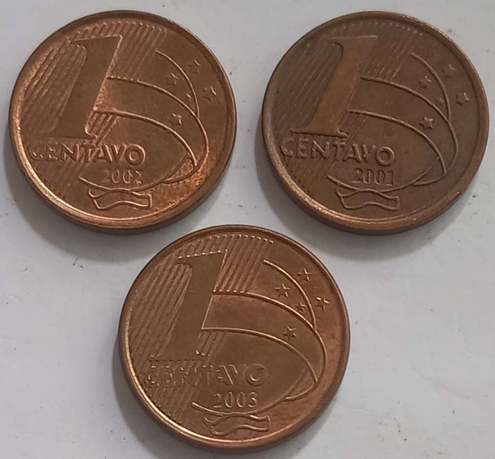 3 Moedas 1 Centavo Real - 2001, 2002 e 2003