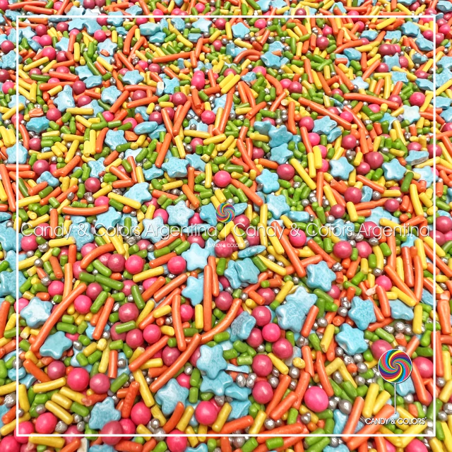 Sugar sprinkles mix celeste naranja fucsia verde amarillo y plateado ...