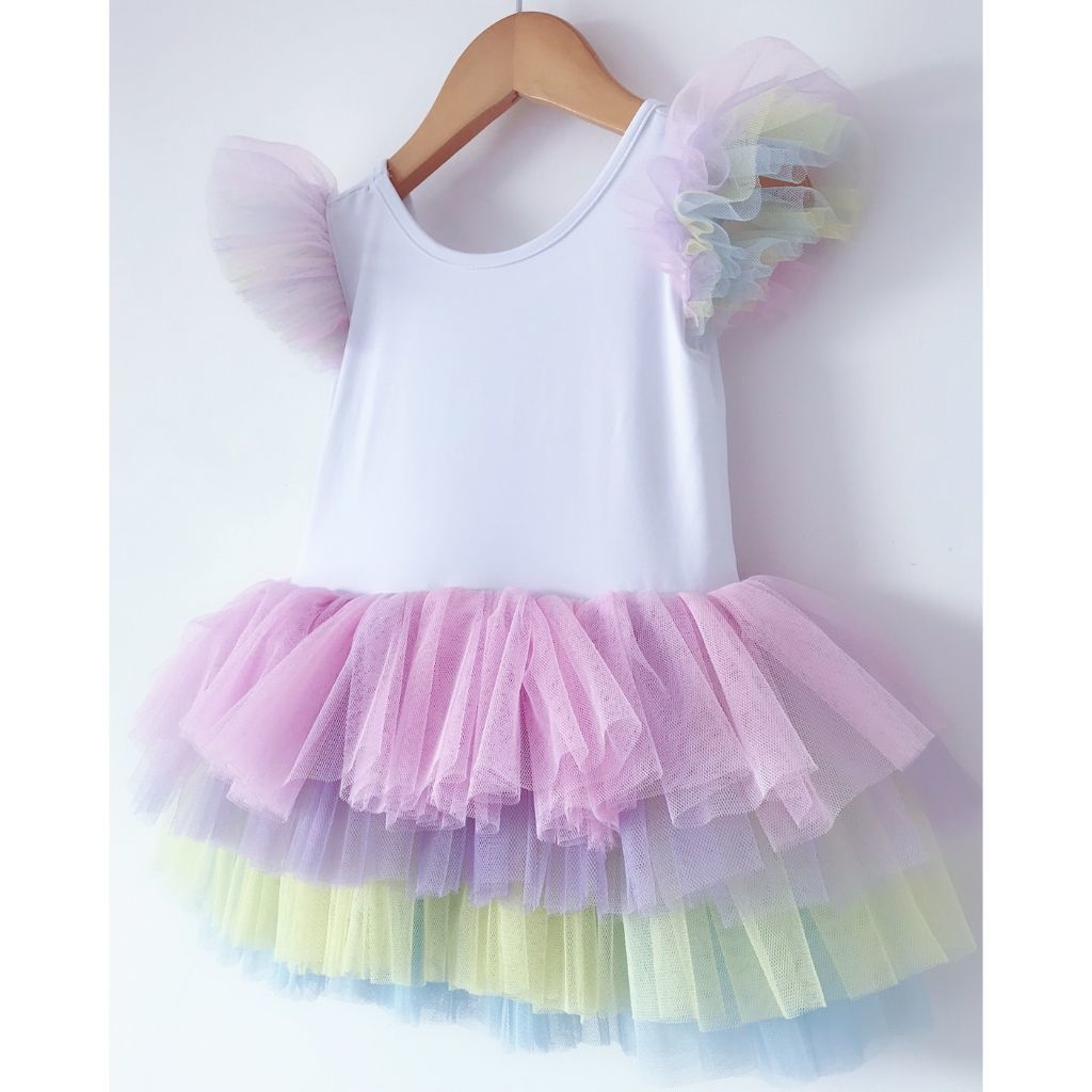 Vestido de Tutu Rainbow manga e saia de tule