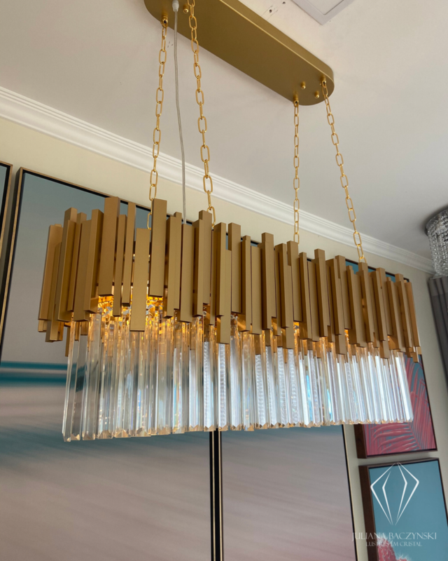 Lustre Pendente Moderno Retangular Estrutura Dourada com Cristais