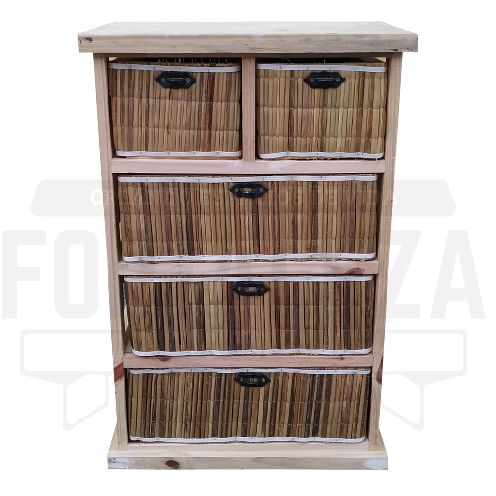 Comoda de junco y madera 50 cm ancho 5 cajones