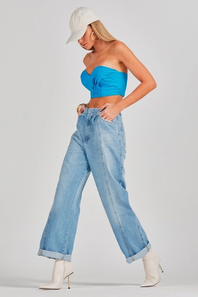 Top azul turquesa com ziper e lastex azul turquesa