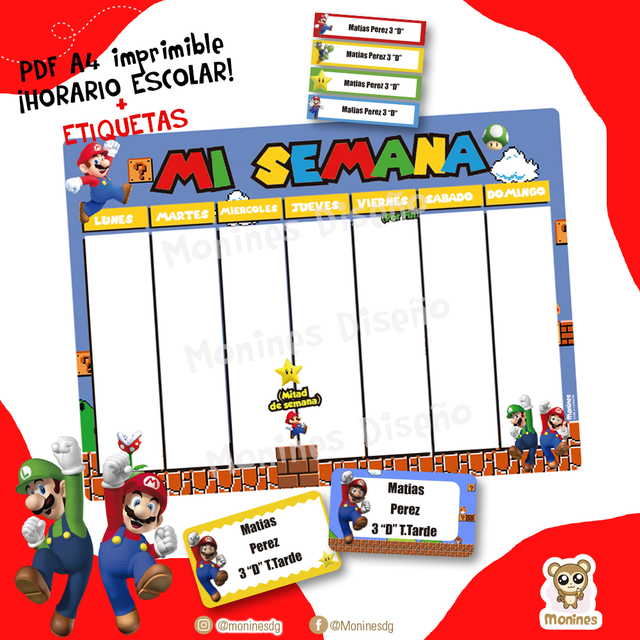 Etiquetas Escolares + Planner Y Notas SUPER MARIO