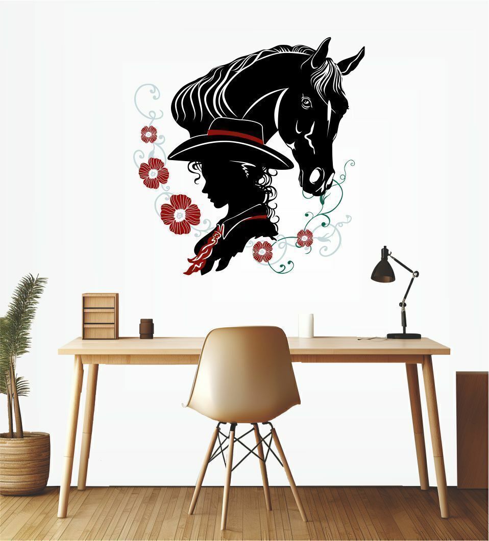 Adesivo de Parede Cowgirl e Cavalo com Florais