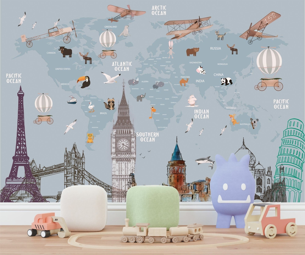 Papel de Parede Infantil Mapa Mundi Lúdico