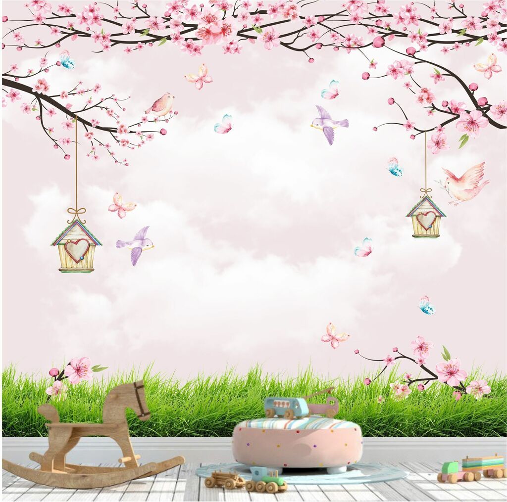 Papel de Parede Infantil Paisagem Folhagens e Borboletas